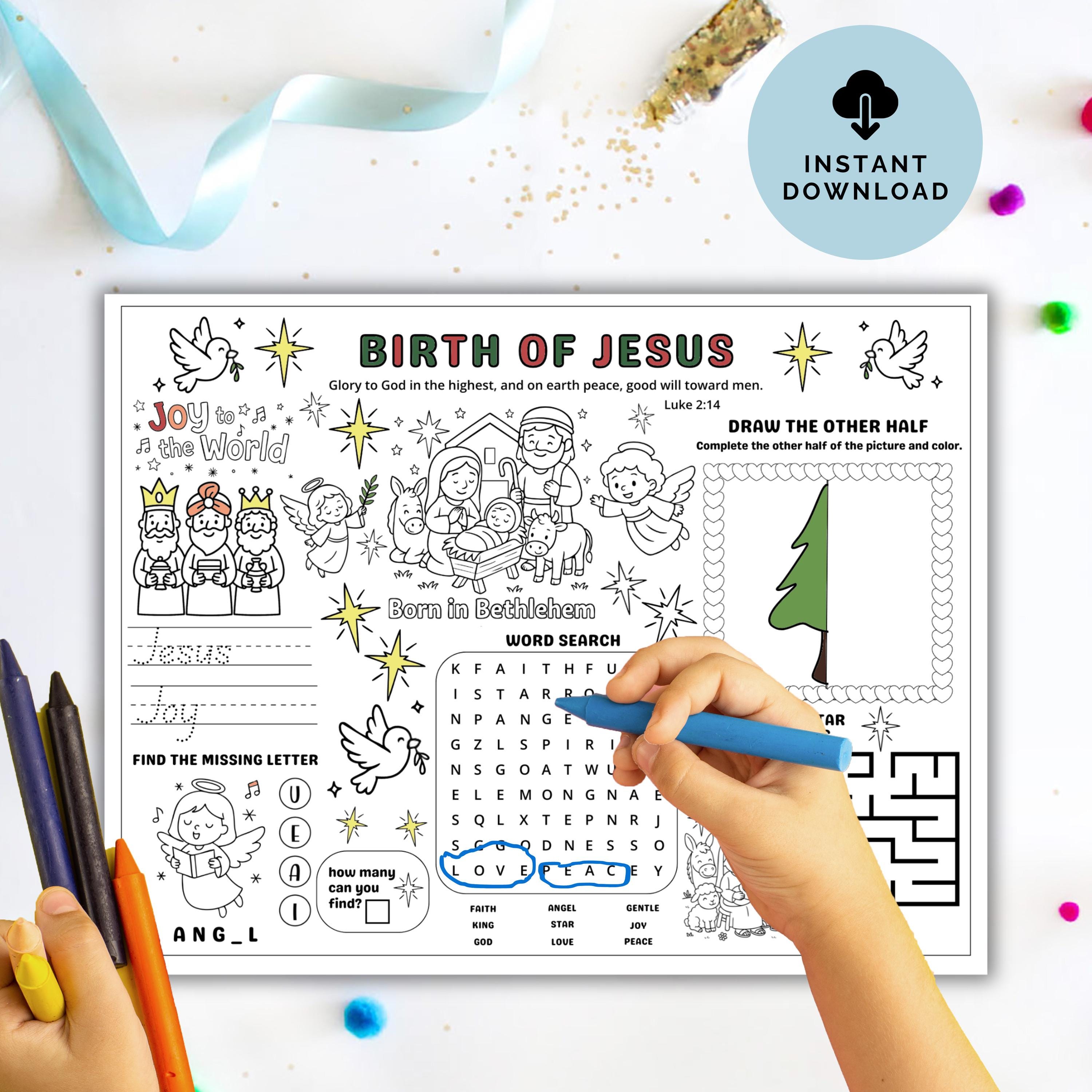 Nativity Activity Placemat for Kids, Christmas Birth of Jesus Coloring ...