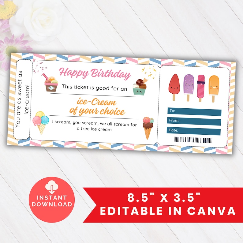 Printable Ice Cream Coupons, Editable Happy Birthday Ice Cream Gift ...