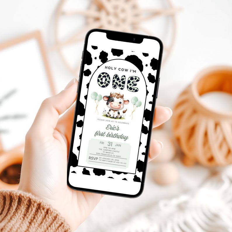 Holy Cow I'm One Birthday Party Invitation, Editable Green Cow Print ...