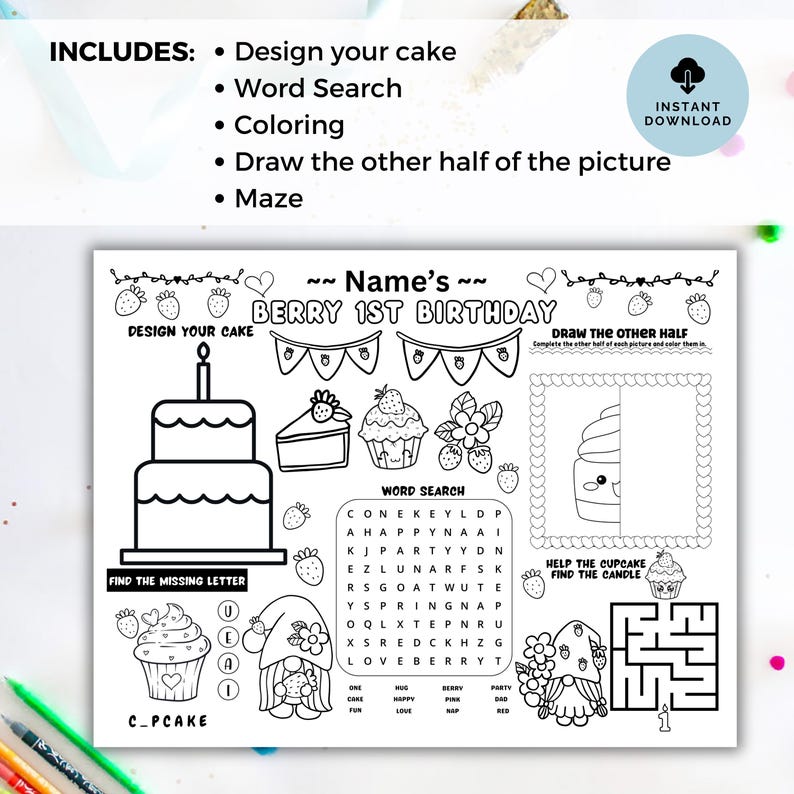 Editable Berry 1st Birthday Party Activity Placemat Coloring Sheet ...