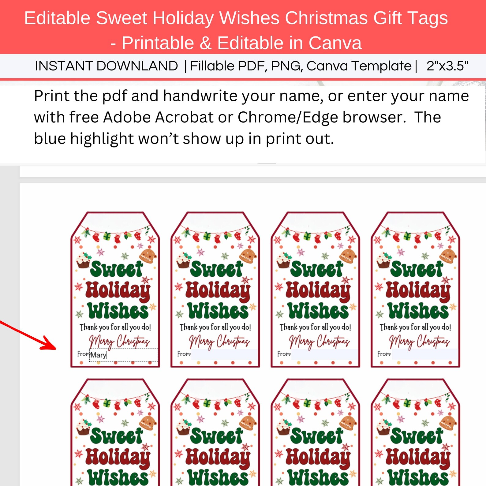 Sweet Holiday Wishes Christmas Gift Tag Printable, Editable Holiday ...