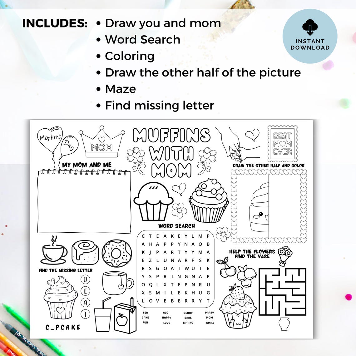 Muffins With Mom Mother's Day Activity Coloring Placemat Printable, Kid ...
