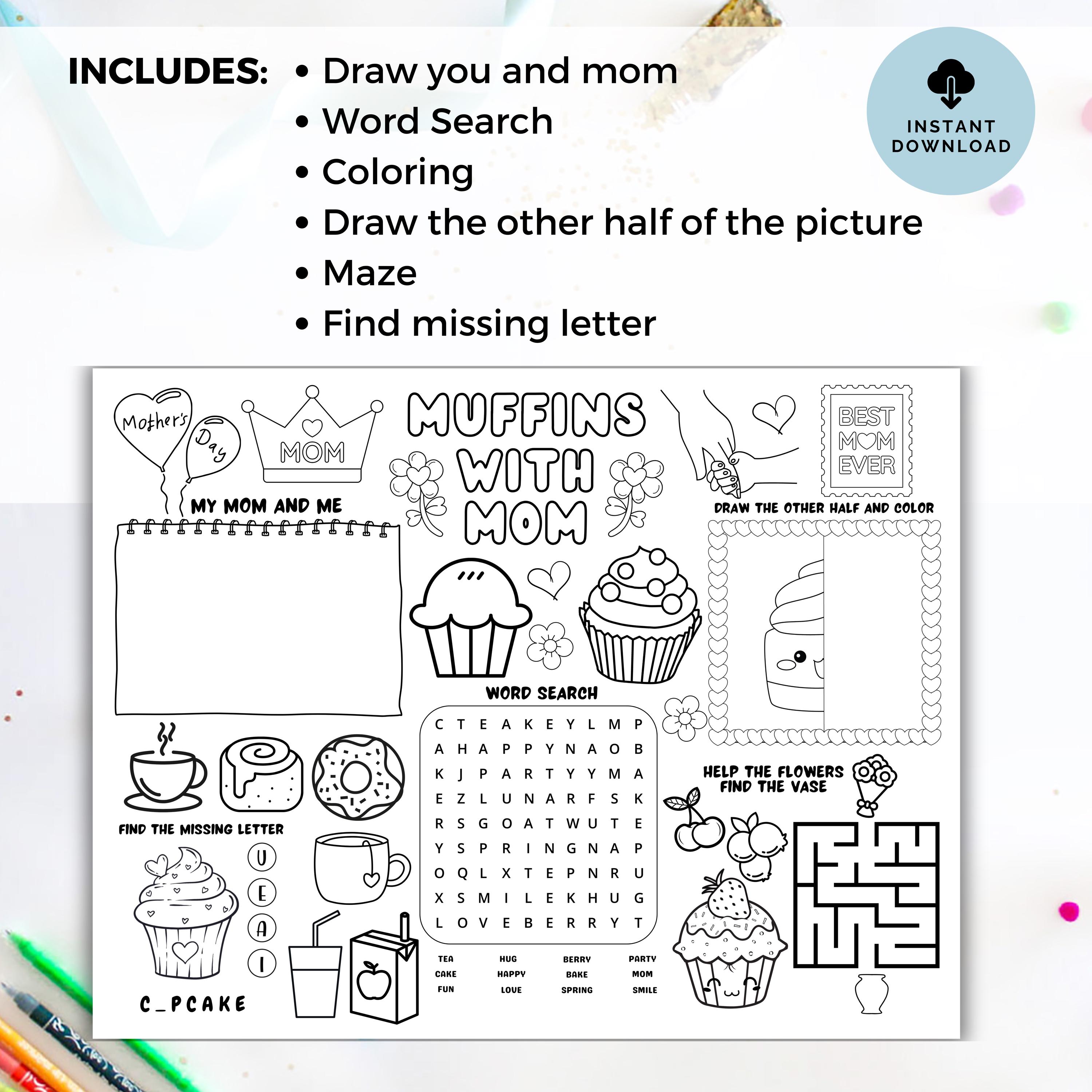 Muffins With Mom Mother's Day Activity Coloring Placemat Printable, Kid ...
