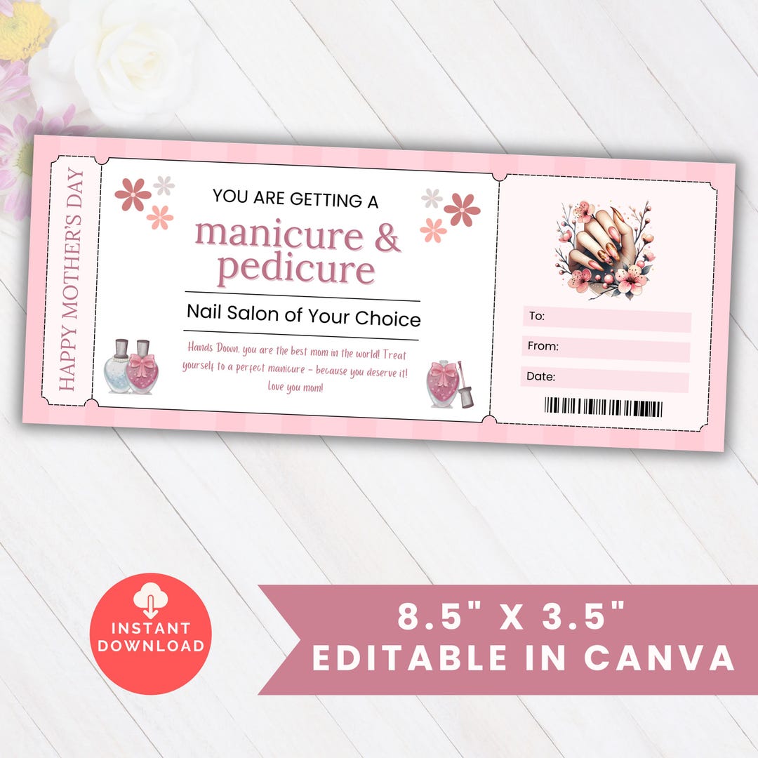 Mother's Day Manicure Pedicure Coupon Gift Certificate Editable, Mani ...