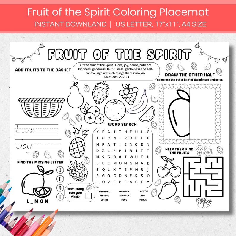 Fruit of the Spirit Activity Placemat, Printable Sunday School ...