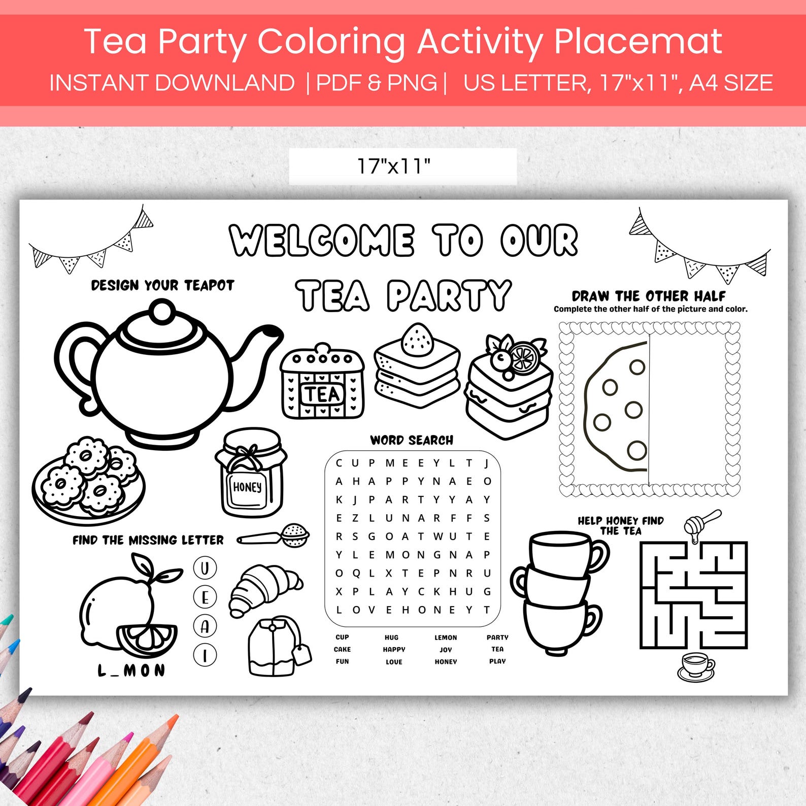 Tea Party Activity Coloring Placemat Sheet Printable, Girl Birthday Tea ...
