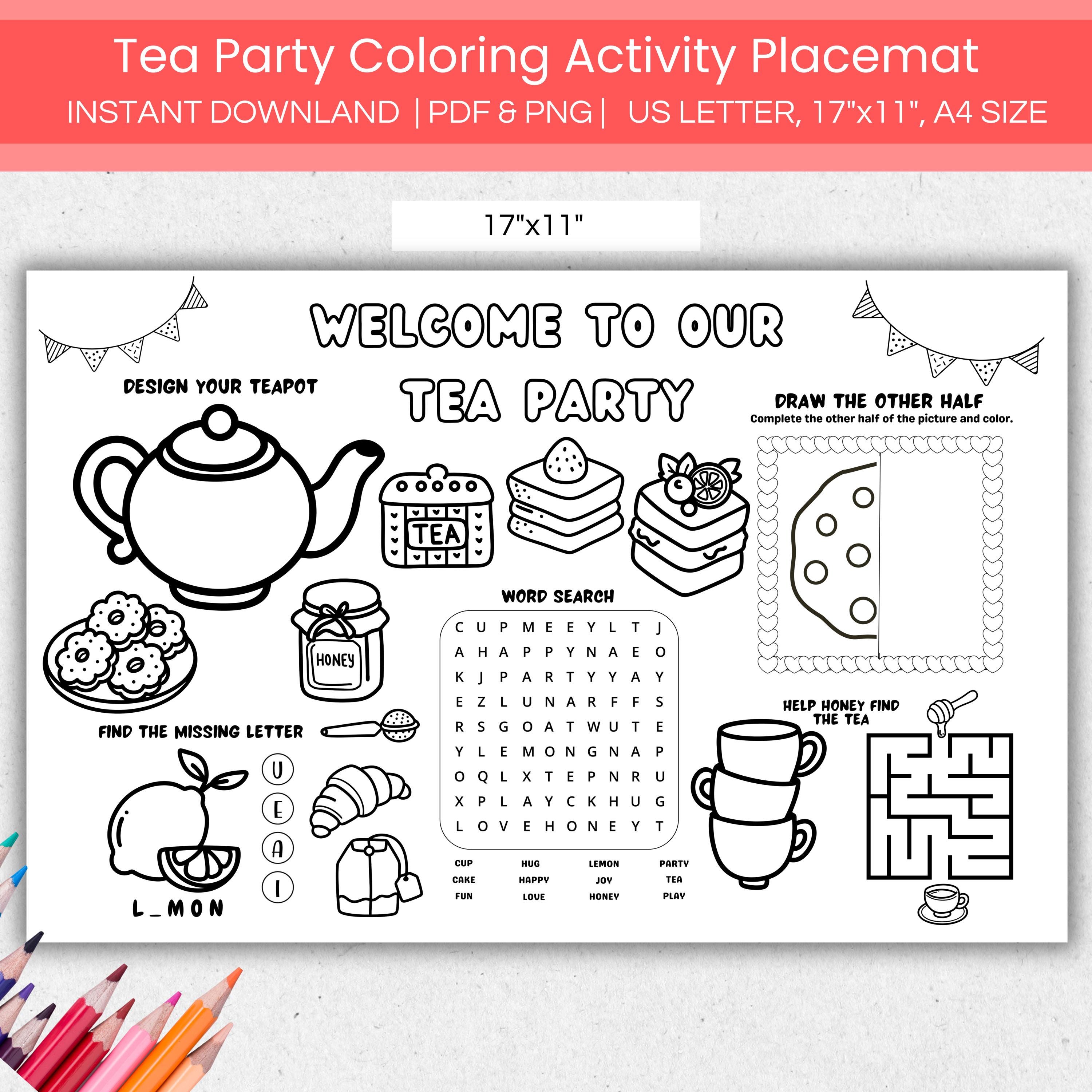 Tea Party Activity Coloring Placemat Sheet Printable, Girl Birthday Tea ...