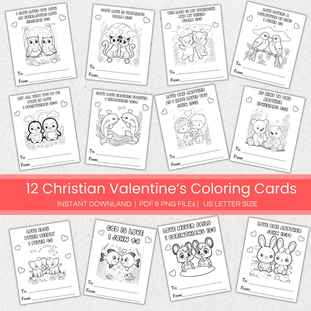 Bible Verses Valentines Coloring Cards for Kids, Printable Animal ...