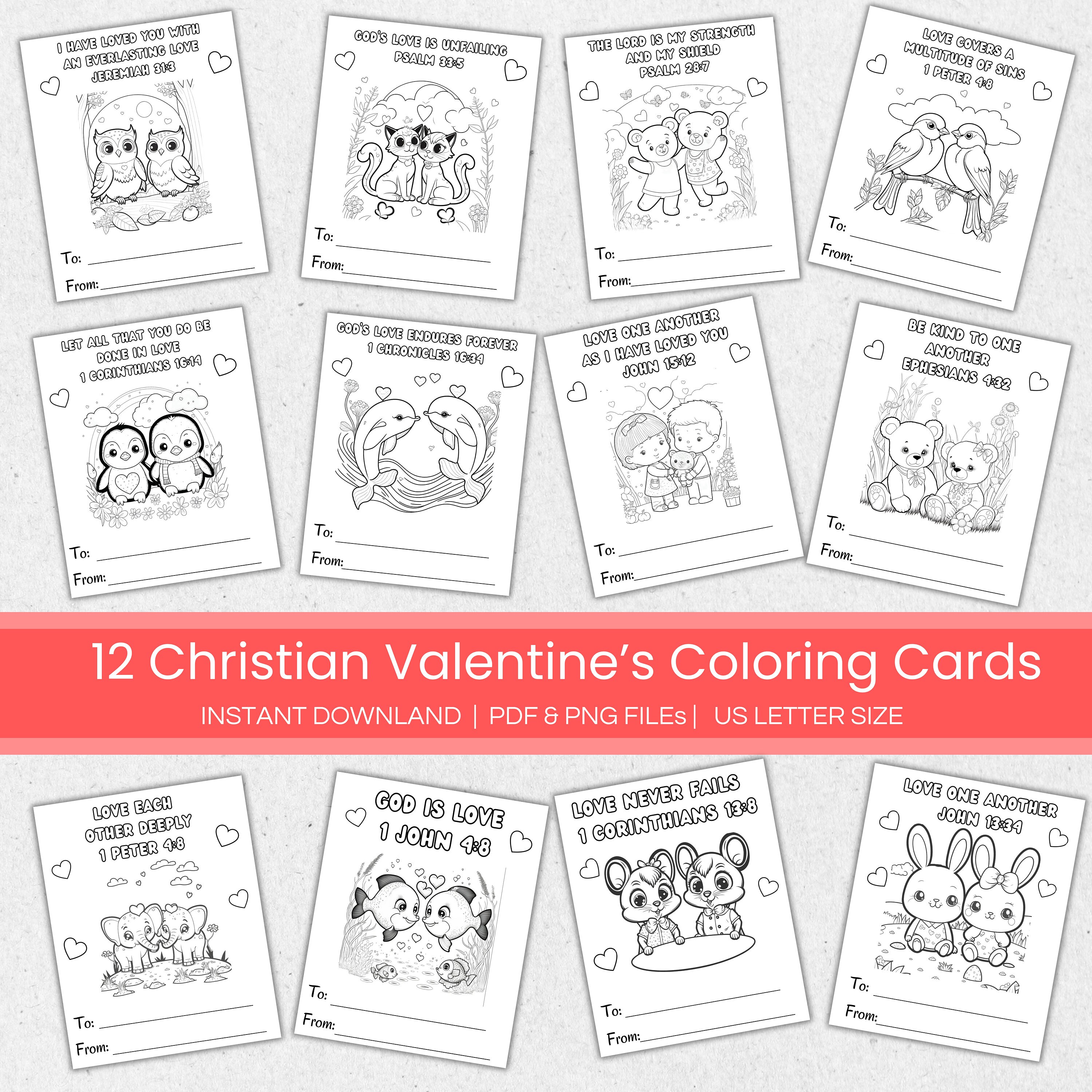 Bible Verses Valentines Coloring Cards for Kids, Printable Animal ...