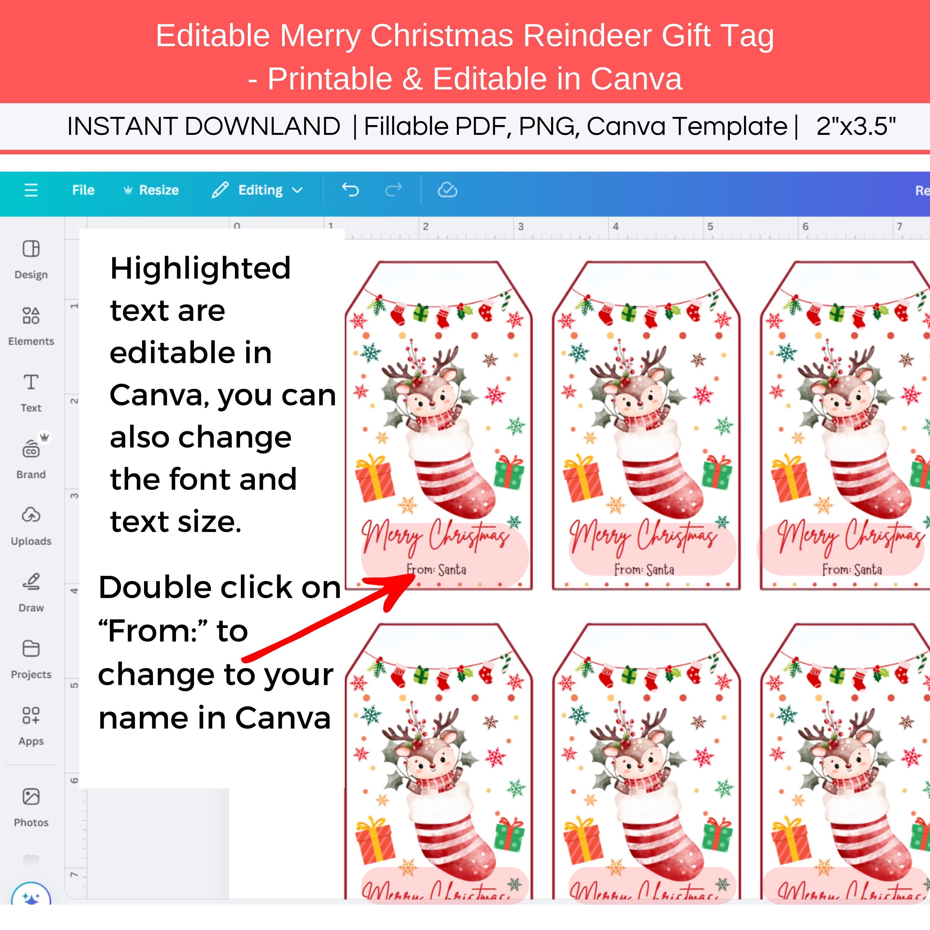 Printable Reindeer Gift Tags, Editable Christmas Treat Tags, Merry ...