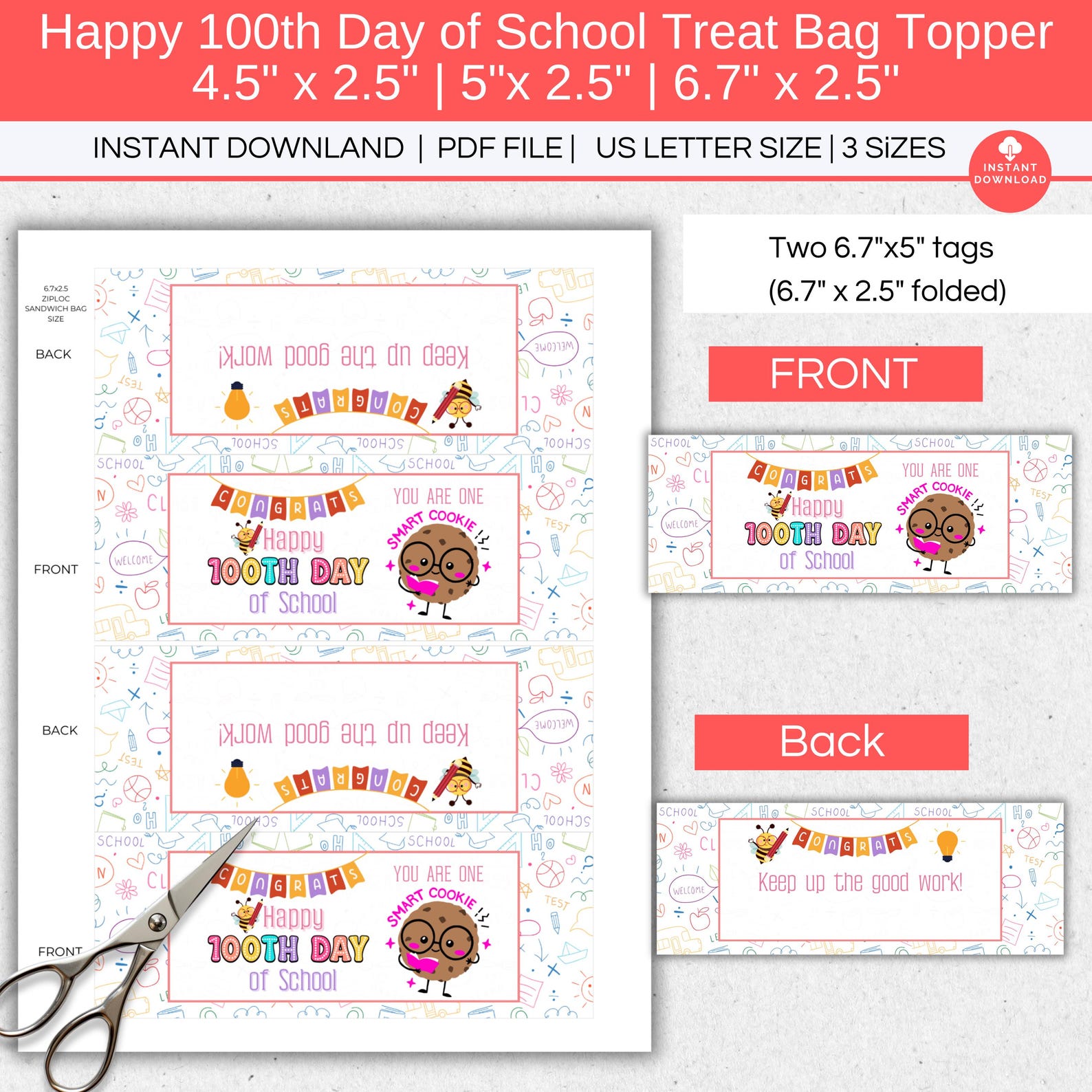Happy 100th Day of School Treat Bag Topper Printable, 100 Days Smarter ...