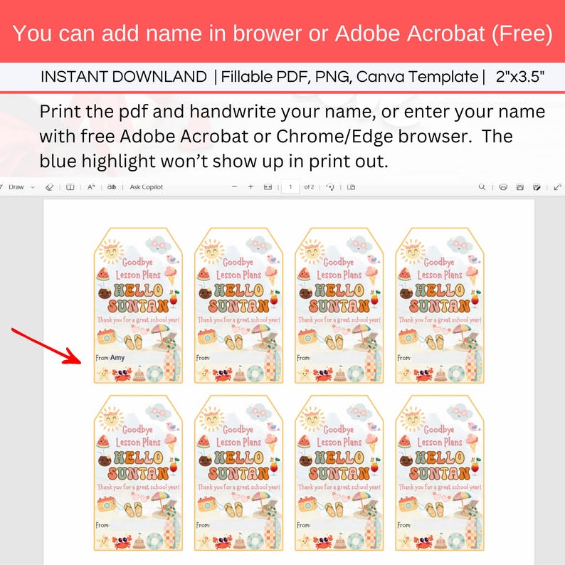 Goodbye Lesson Plan Hello Suntan Gift Tag Printable, Editable Teacher ...