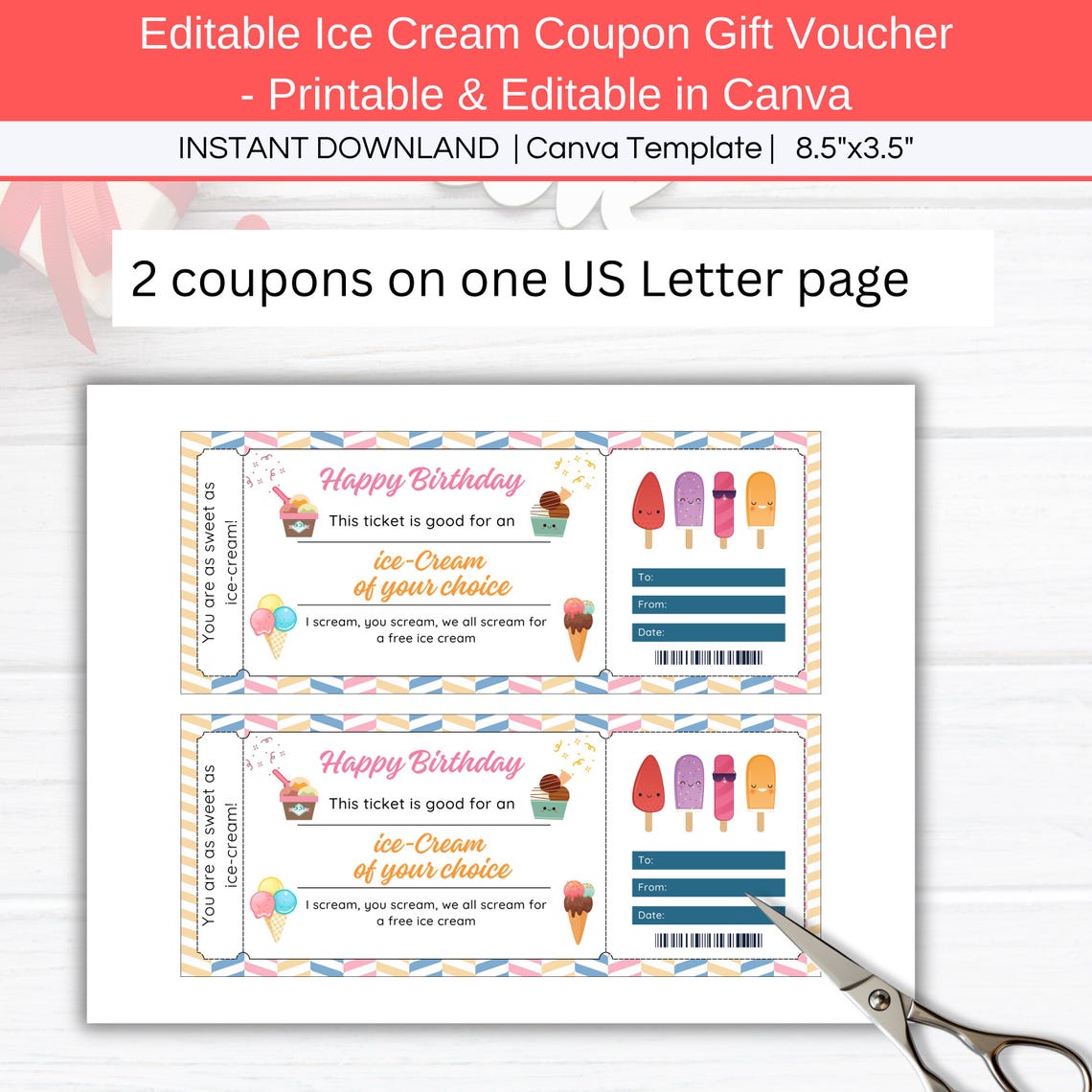 Printable Ice Cream Coupons, Editable Happy Birthday Ice Cream Gift ...