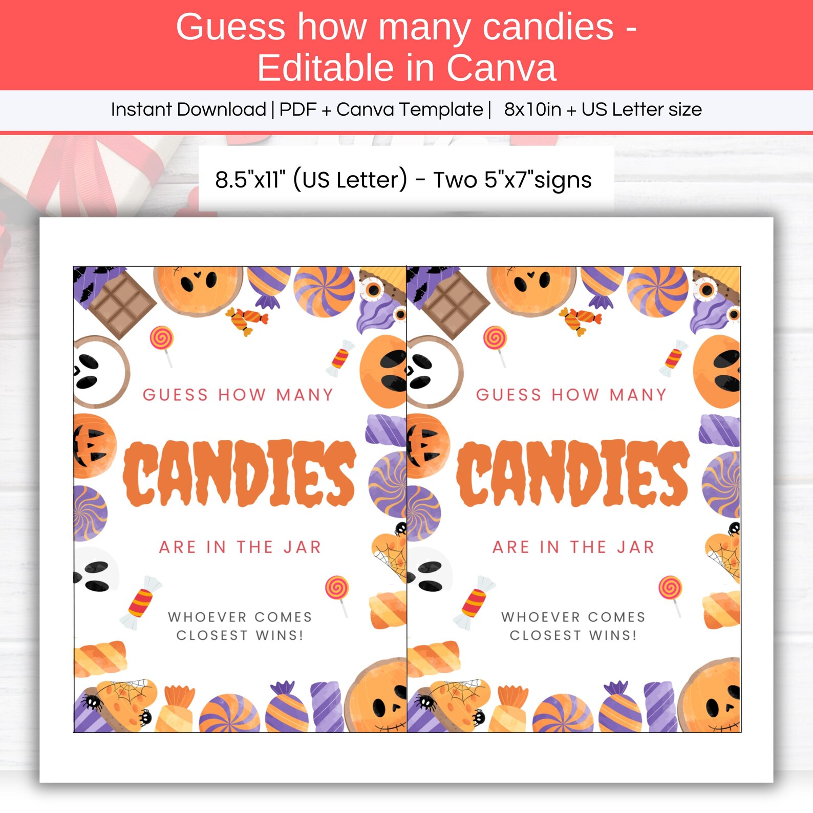 Halloween Candy Guessing Game Printable Sign, Answer Card, Tracking ...