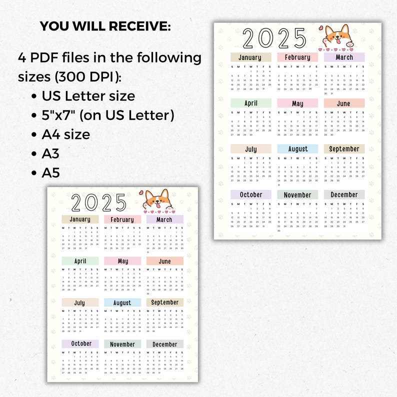 2025 Calendar, Single Page Yearly Calendar, Full Year Desk Calendar ...