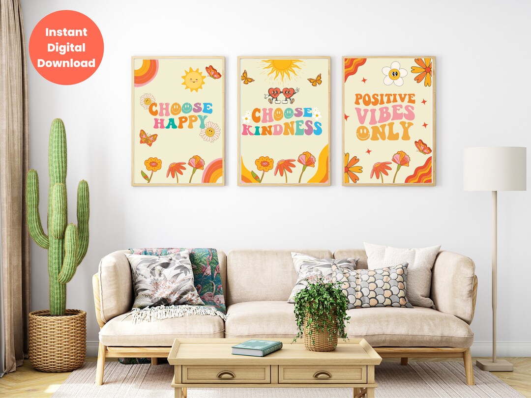 Set of 3 Choose Happy, Choose Kindness, Positive Vibes Only Retro ...