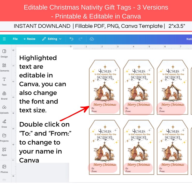 Jesus is the Reason for the Season Printable Gift Tag, Christmas Nativity Scene Label Editable ...