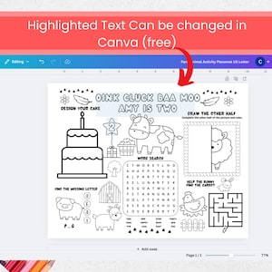 Farm Animal Birthday Party Coloring Page Activity Placemat Sheet, Oink ...