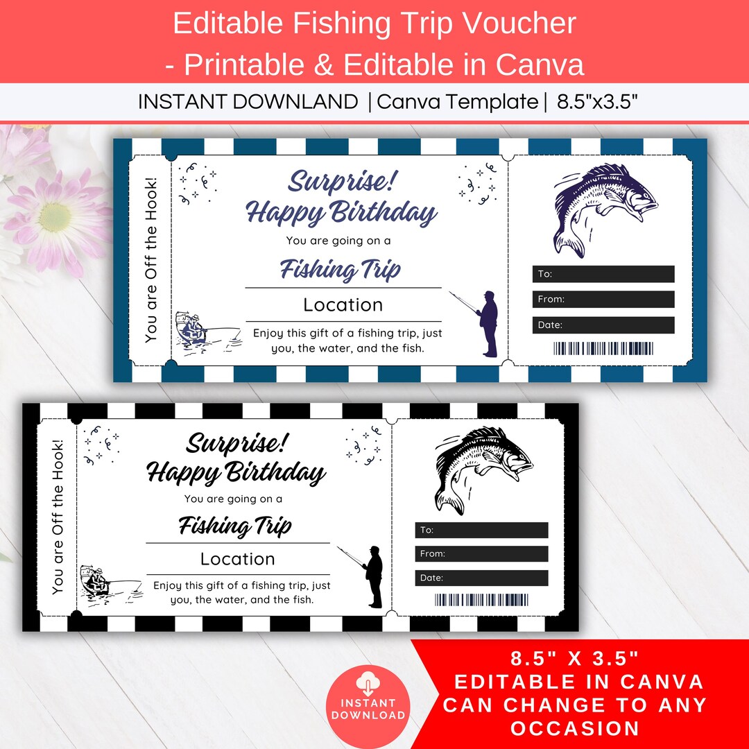 Fishing Trip Gift Ticket Voucher, Fishing Day Adventure Coupon Gift ...