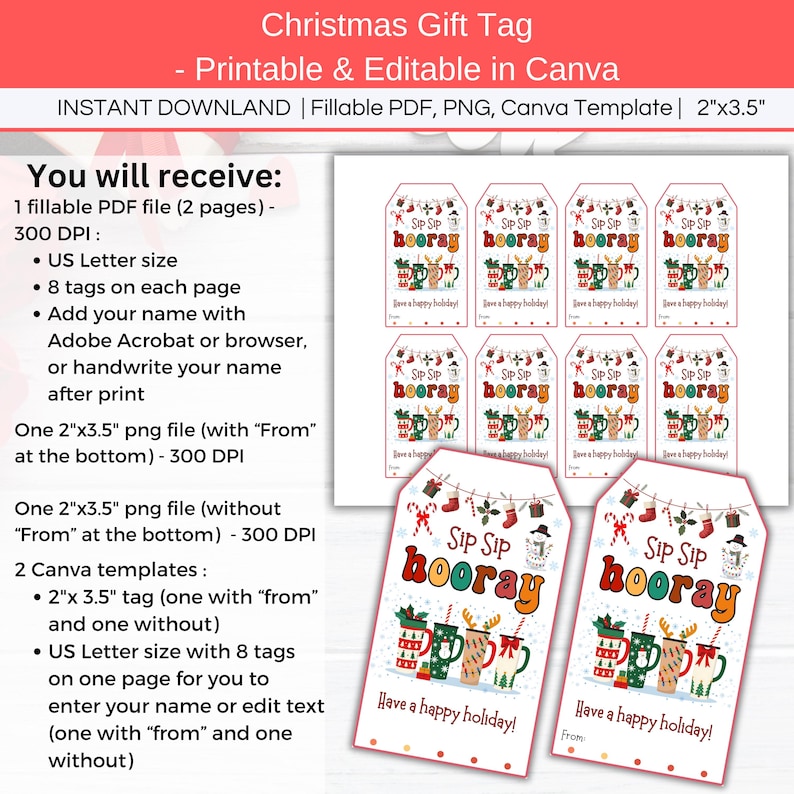 Sip Sip Hooray Teacher Tag Printable, Editable Happy Holiday Christmas ...