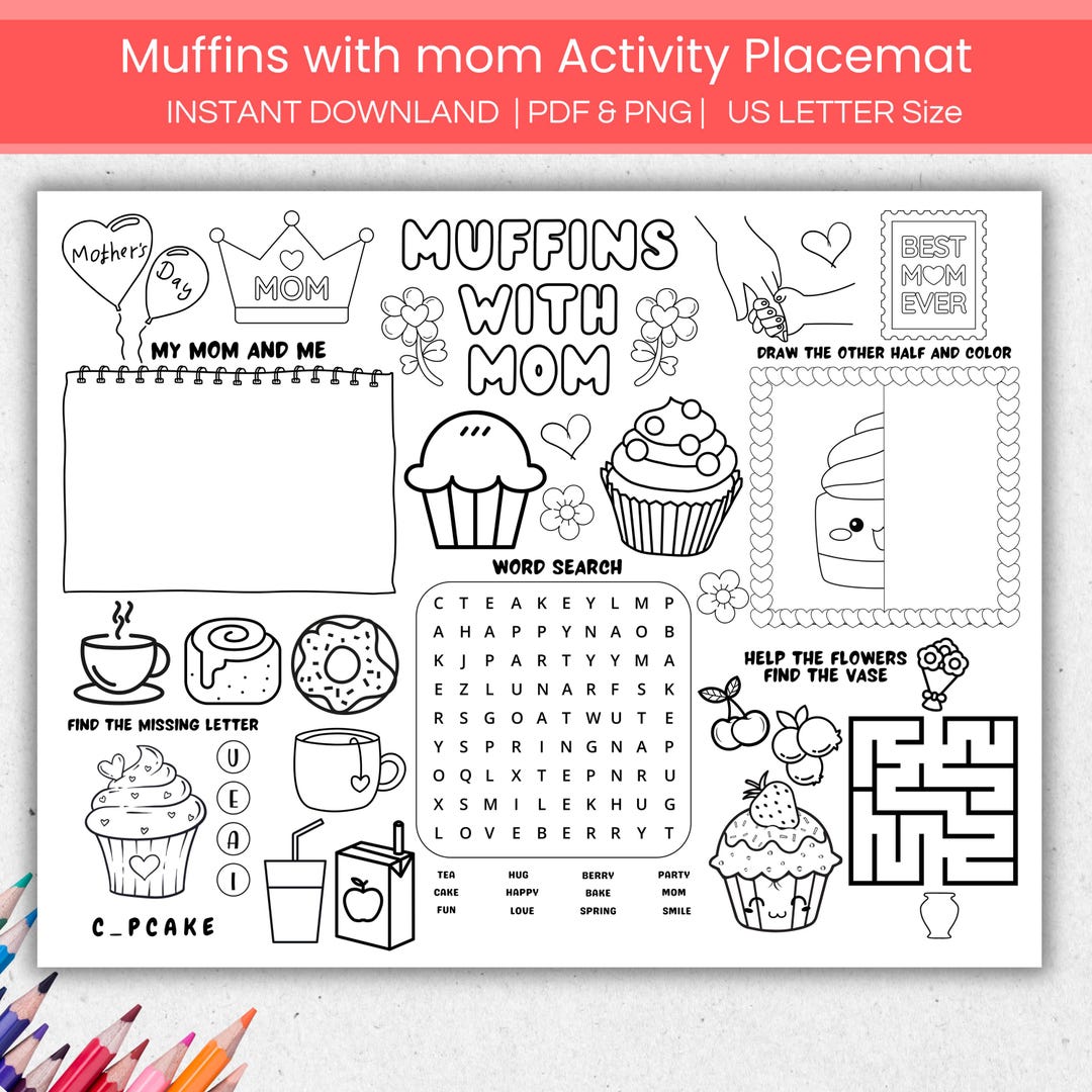 Muffins With Mom Mother's Day Activity Coloring Placemat Printable, Kid ...