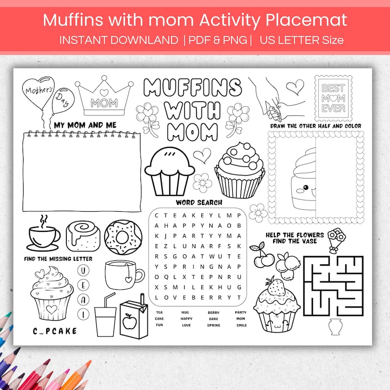 Muffins With Mom Mother's Day Activity Coloring Placemat Printable, Kid ...