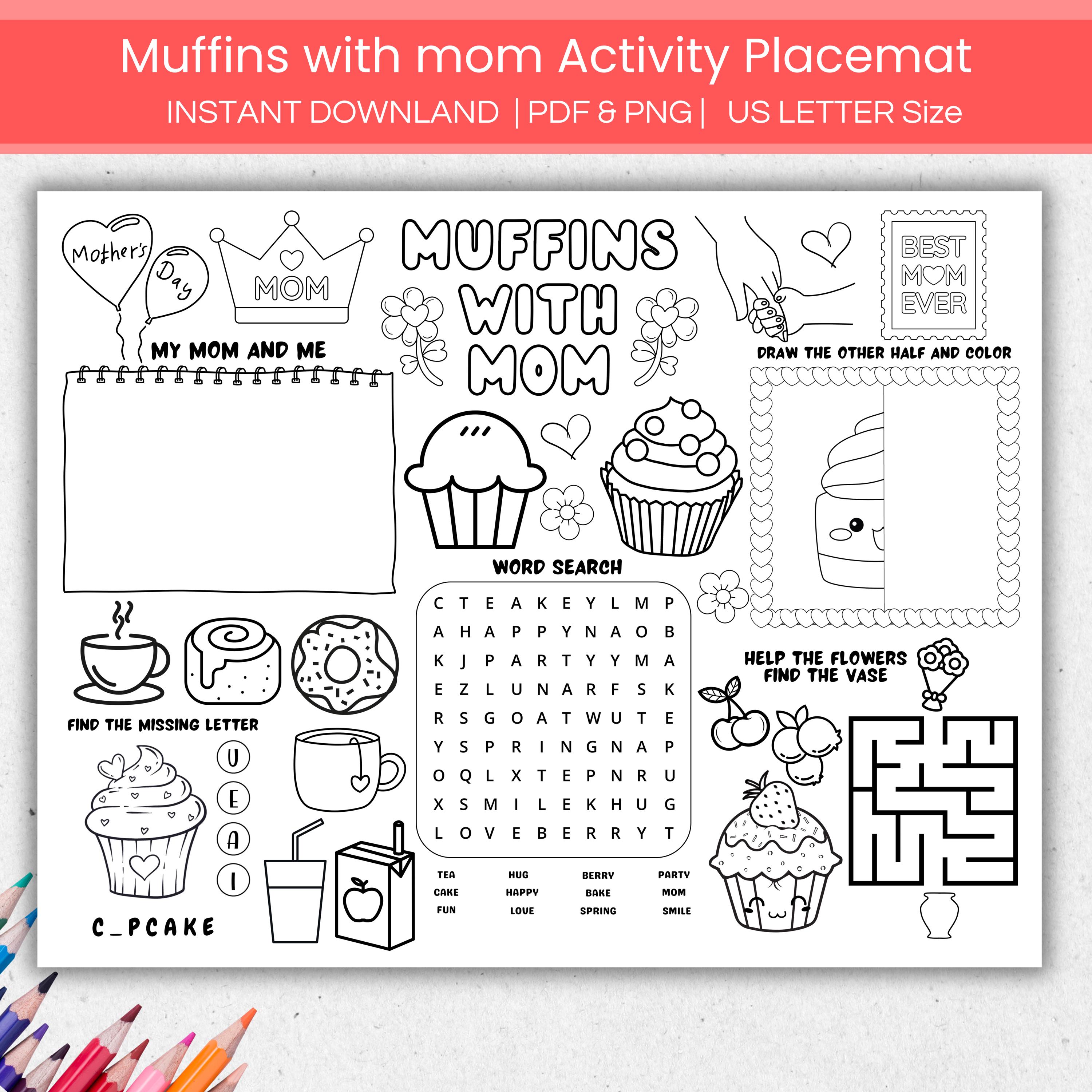 Muffins With Mom Mother's Day Activity Coloring Placemat Printable, Kid ...