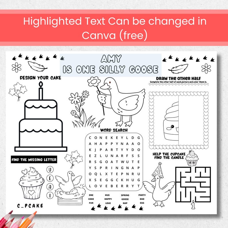 One Silly Goose Birthday Party Coloring Activity Placemat, Editable ...