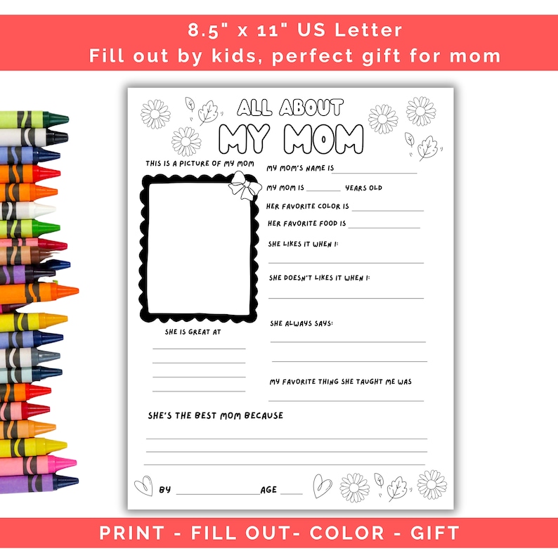 All About My Mom Questionnaire Coloring Page, Printable Mother's Day ...