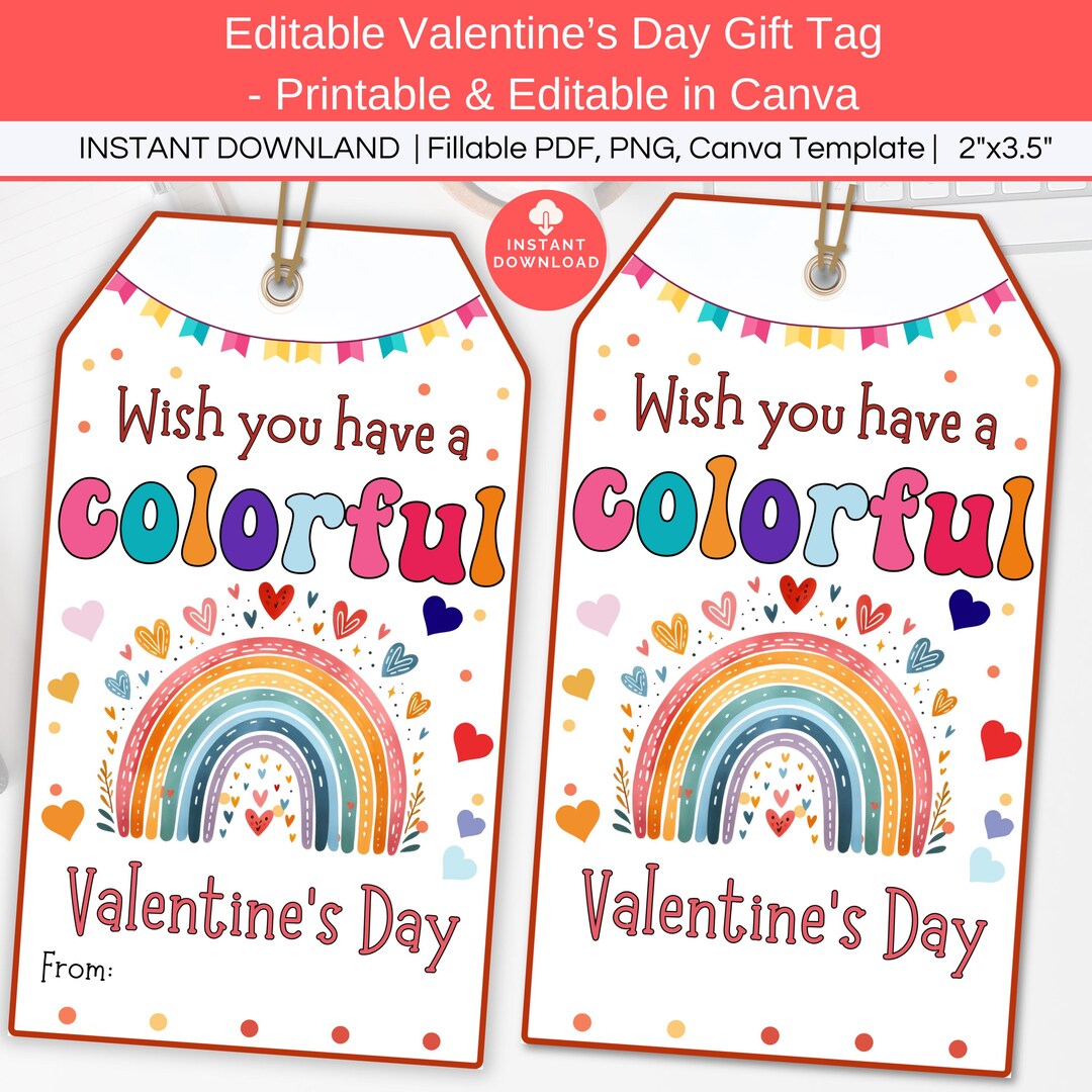 Rainbow Valentine's Day Gift Tag Download, Editable Crayon Valentine ...