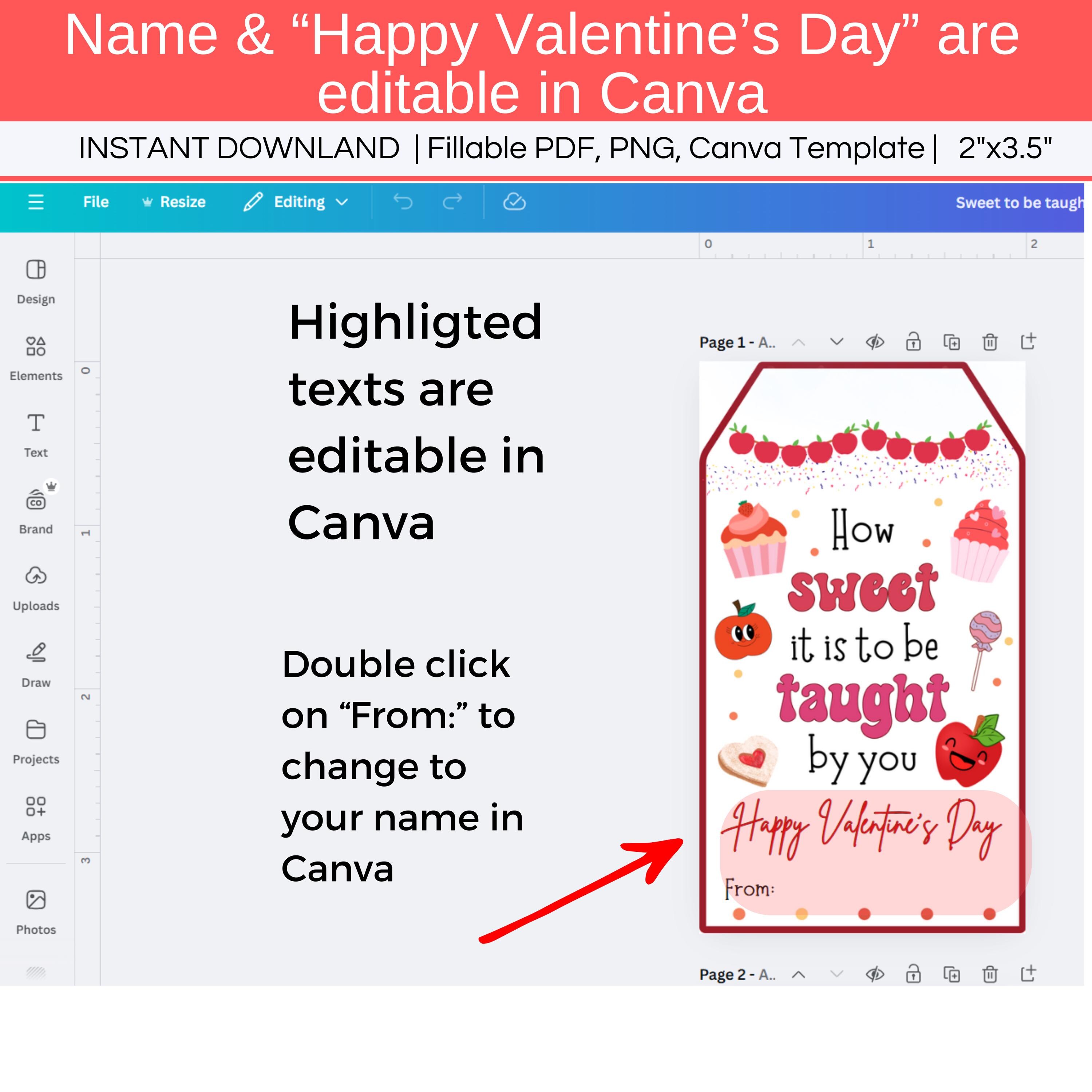 How Sweet It is to Be Taught by You Printable Valentine Tag, Editable ...