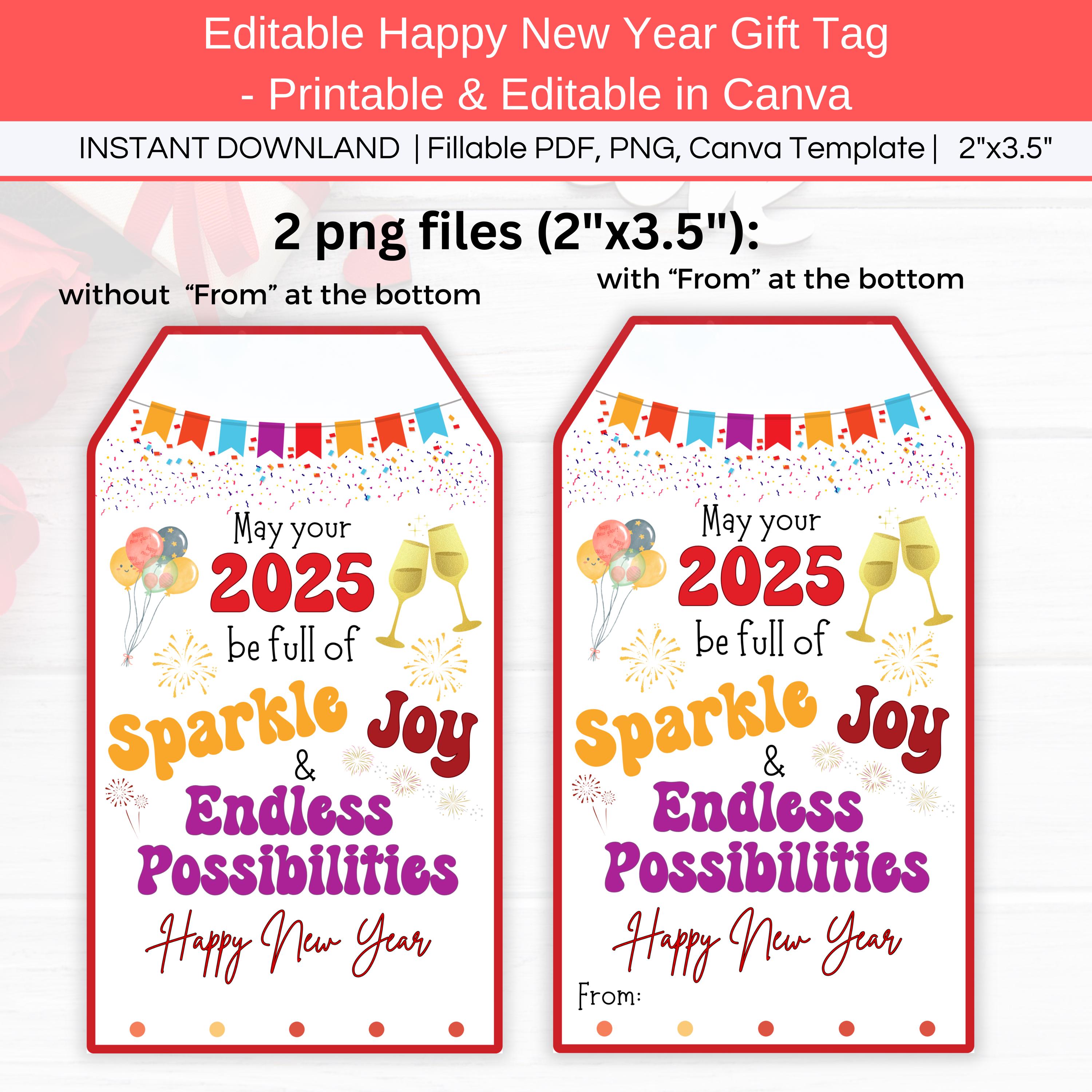 Happy New Year 2025 Gift Tags Printable, Sparkle Joy Gift Tag Editable ...