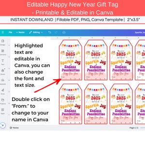 Happy New Year 2025 Gift Tags Printable, Sparkle Joy Gift Tag Editable ...