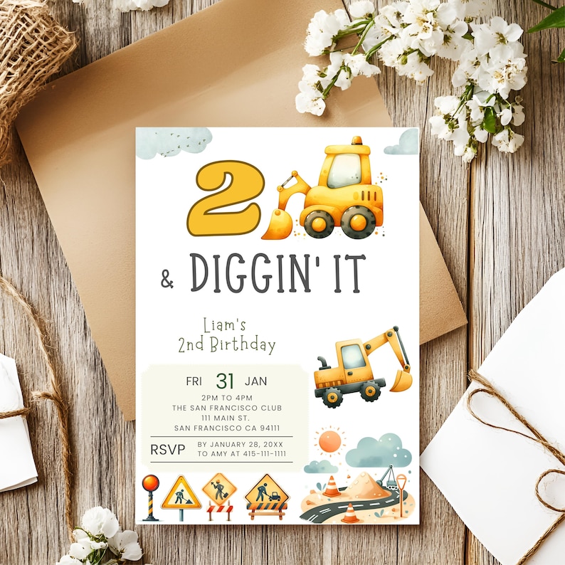 Construction Birthday Invitation 2 Year Old, 2 & Digging It Editable ...