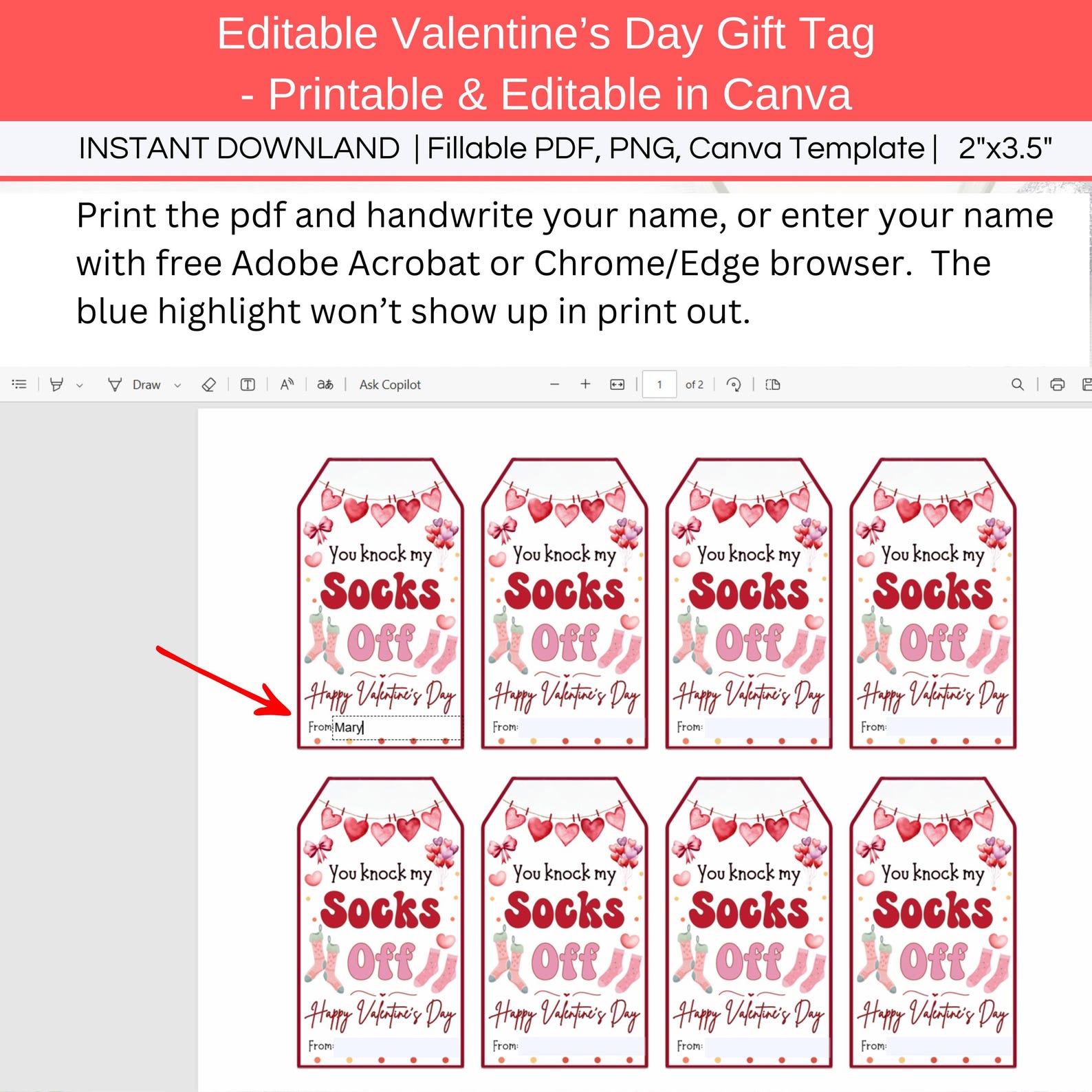 You Knock My Socks off Valentine Gift Tag Printable, Happy Valentine's ...