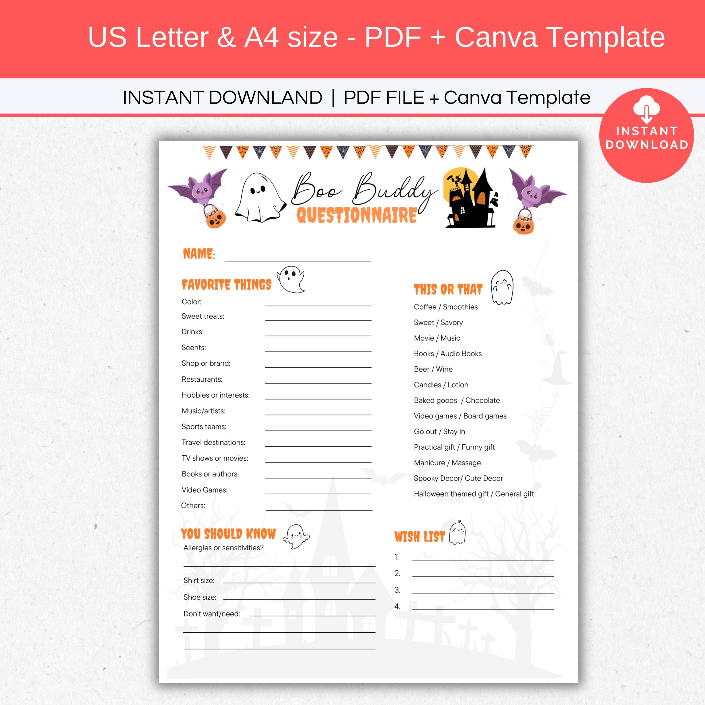 Editable Halloween Boo Buddy Questionnaire, Gift Exchange Survey ...