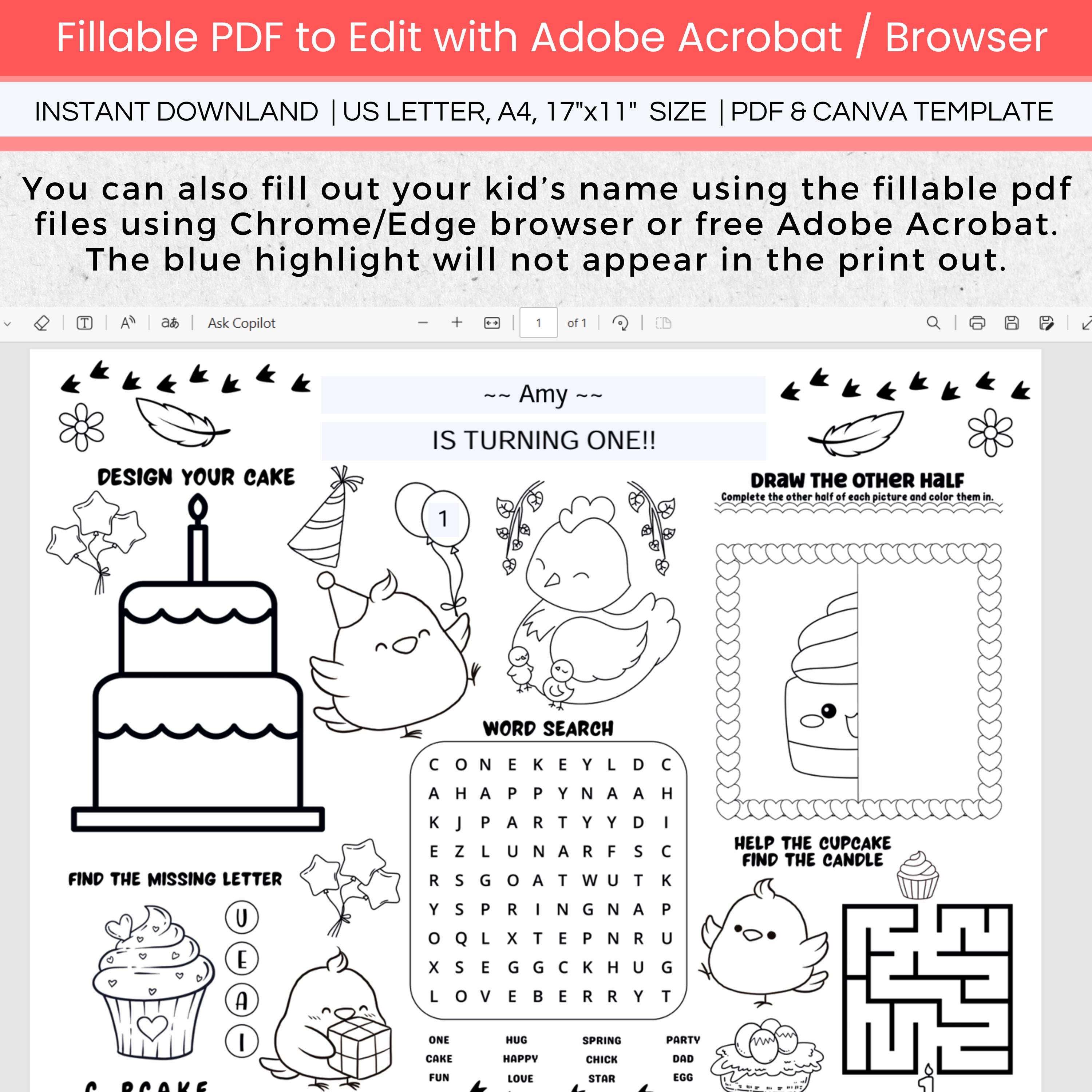 Chicken Birthday Party Coloring Page Activity Placemat, Editable Baby ...
