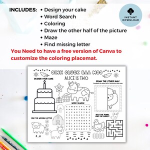 Farm Animal Birthday Party Coloring Page Activity Placemat Sheet, Oink ...
