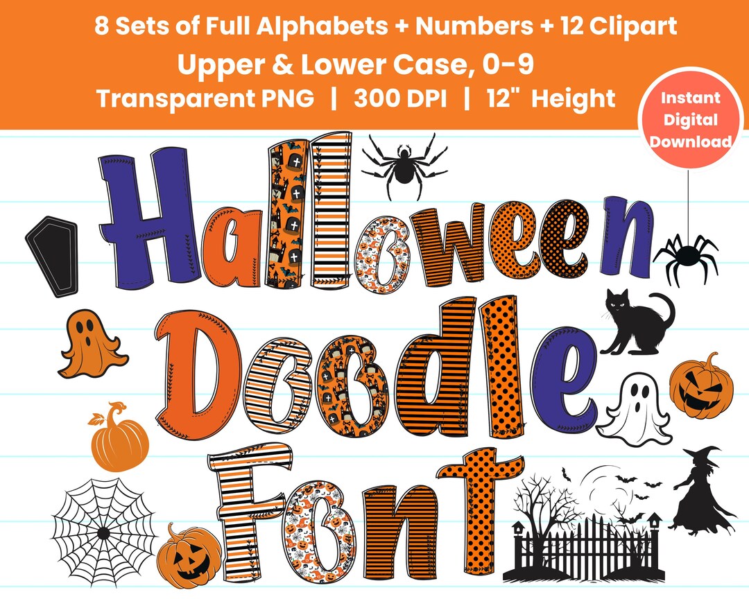 Halloween Doodle Font Alphabet Clipart Bundle, 8 Full Sets Alpha ...