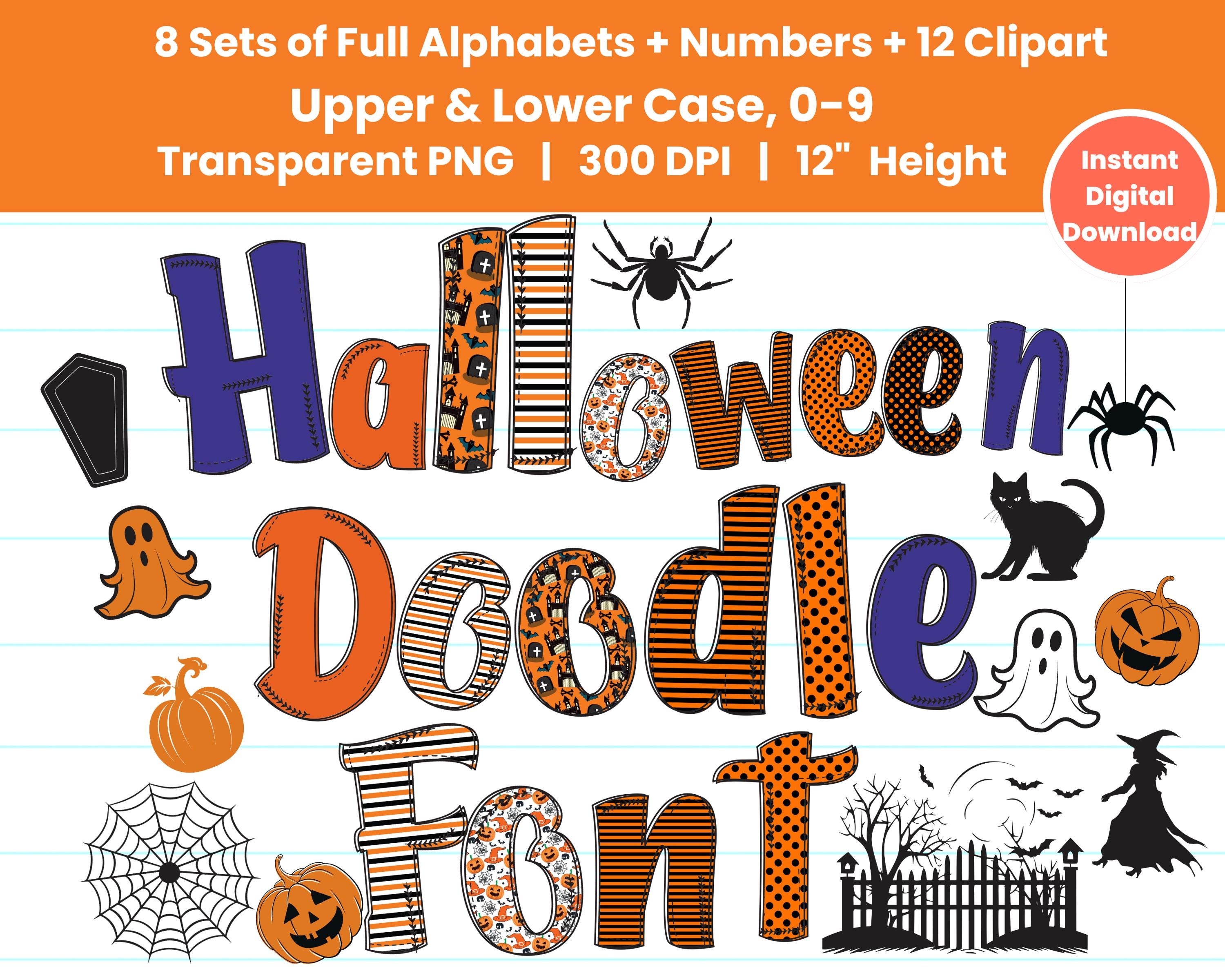 Halloween Doodle Font Alphabet Clipart Bundle, 8 Full Sets Alpha ...