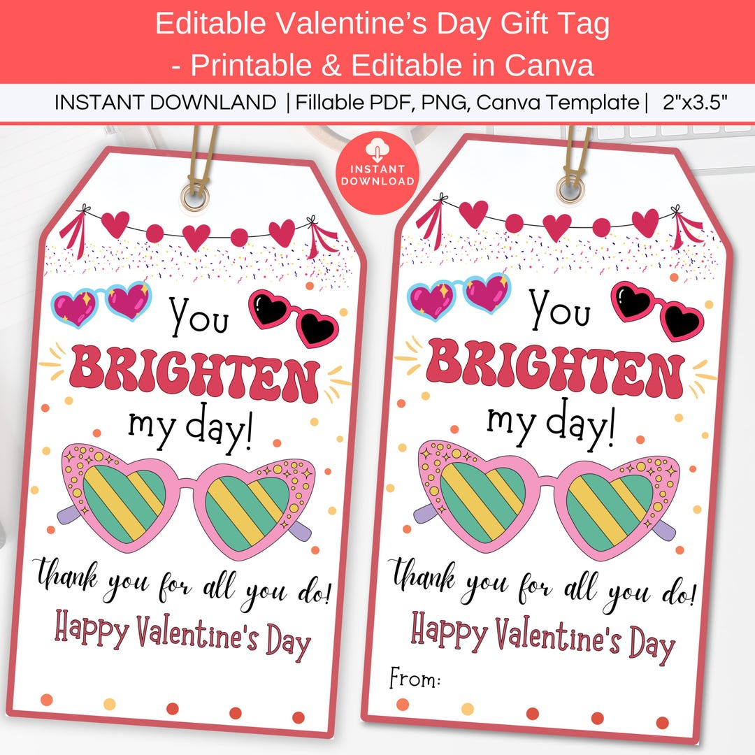 Sunglasses Valentine Tag Editable, Heart Sunglasses Gift Tag Printable ...