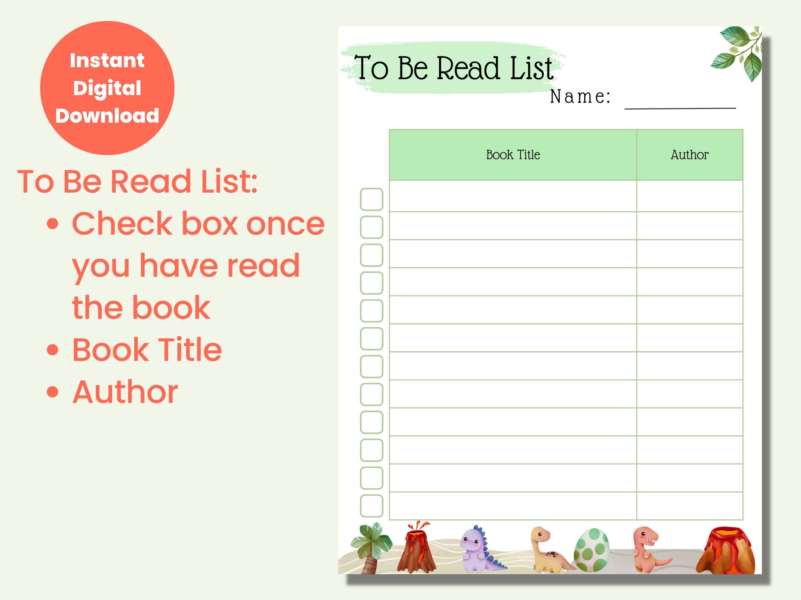 Reading Log Tracker for Kids Printable Cute Dinosaur Theme, Reading ...