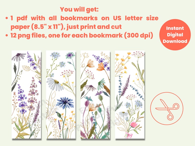 12 Wild Flower Themed Printable Bookmark Set, Watercolor Floral Flower ...