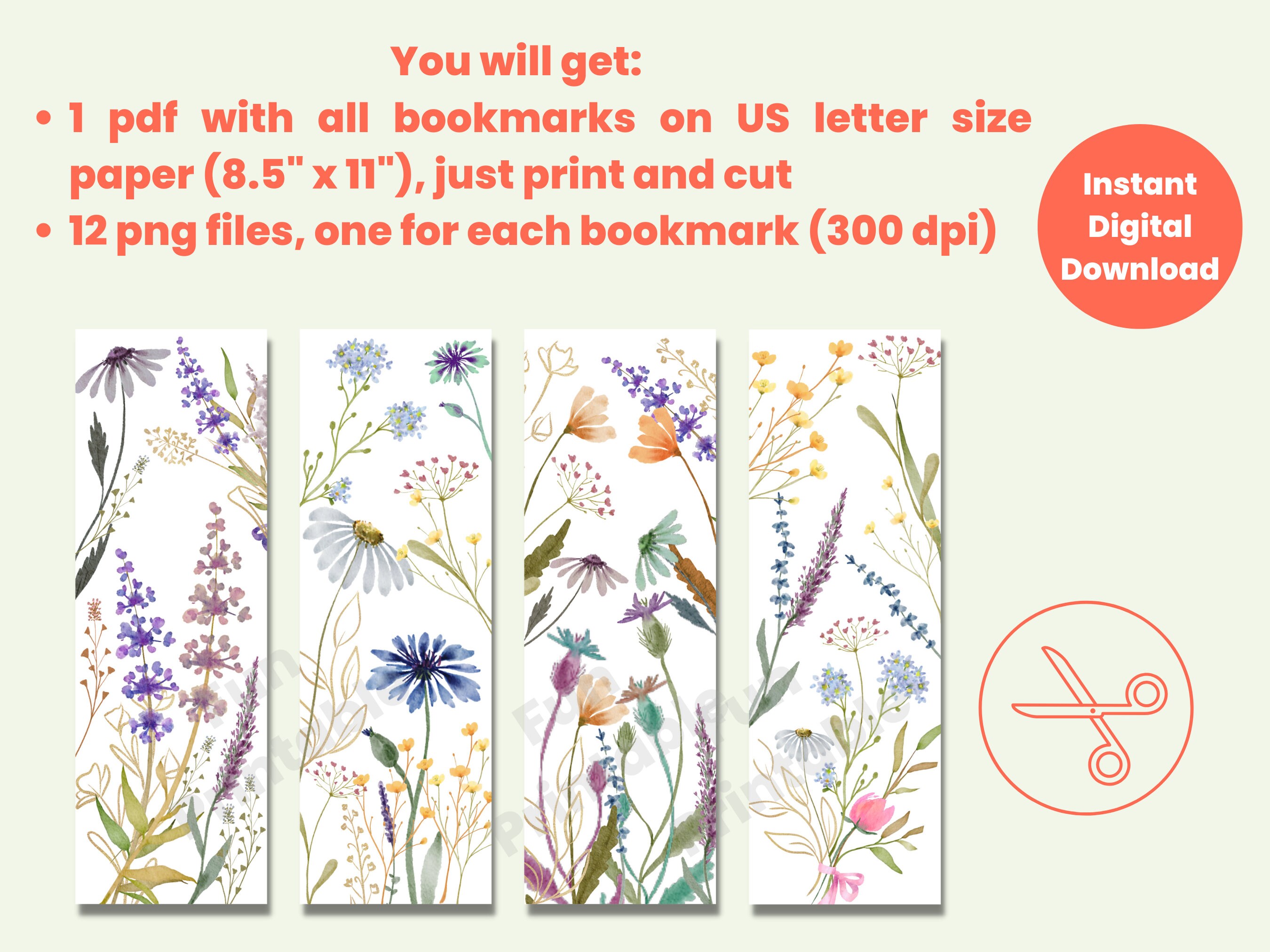 12 Wild Flower Themed Printable Bookmark Set, Watercolor Floral Flower ...
