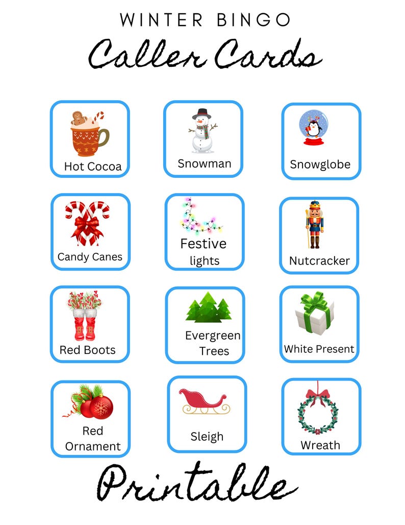 Festive Holiday Winter Picture Bingo Printable Game All Ages - Etsy