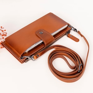 Personalizable Leather Cell Phone Wallet With Strap, Card Holder Wallet ...