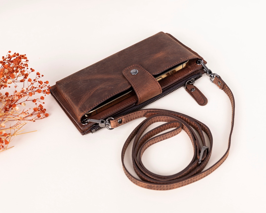 Personalizable Leather Cell Phone Wallet With Strap, Card Holder Wallet ...