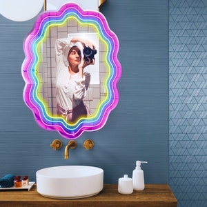 Big Pastel Wavy Mirror, LED Neon Mirror for Room Decoration, Makeup ...