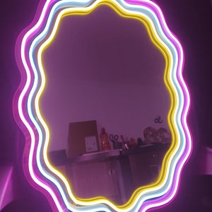 Big Pastel Wavy Mirror, LED Neon Mirror for Room Decoration, Makeup ...