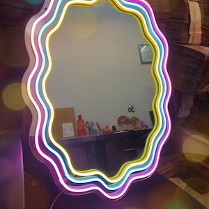 Big Pastel Wavy Mirror, LED Neon Mirror for Room Decoration, Makeup ...